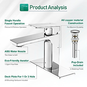 VOTON Chrome Bathroom Faucet Single Handle Bathroom Sink Faucet Lavatory Vanity Faucet with Pop Up Drain & Deck Plate 1 or 3 Hole Bathroom Faucet