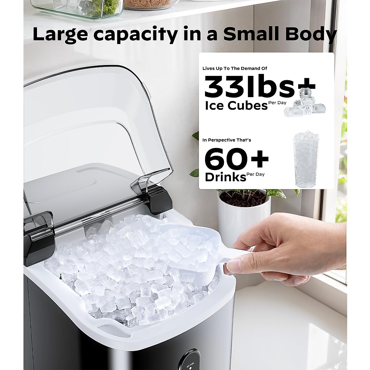 Nugget Ice Makers Countertop, Pellet Ice Machine with Self-Cleaning Function, Nugget Ice Machine Produces 33 lbs of Chewable Ice in 24 Hours, Sonic Ice Maker Perfect for Home Kitchens Party Camping