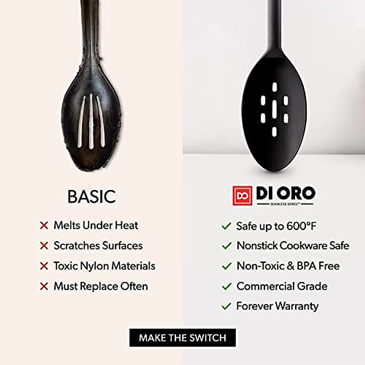 DI ORO Silicone Spoons for Cooking - Large Kitchen Spoons for Mixing, Serving, & Stirring - 600°F Heat-Resistant Non Stick Utensils – Big Solid & Slotted Basting Spoons - Dishwasher Safe (2pc, Black)