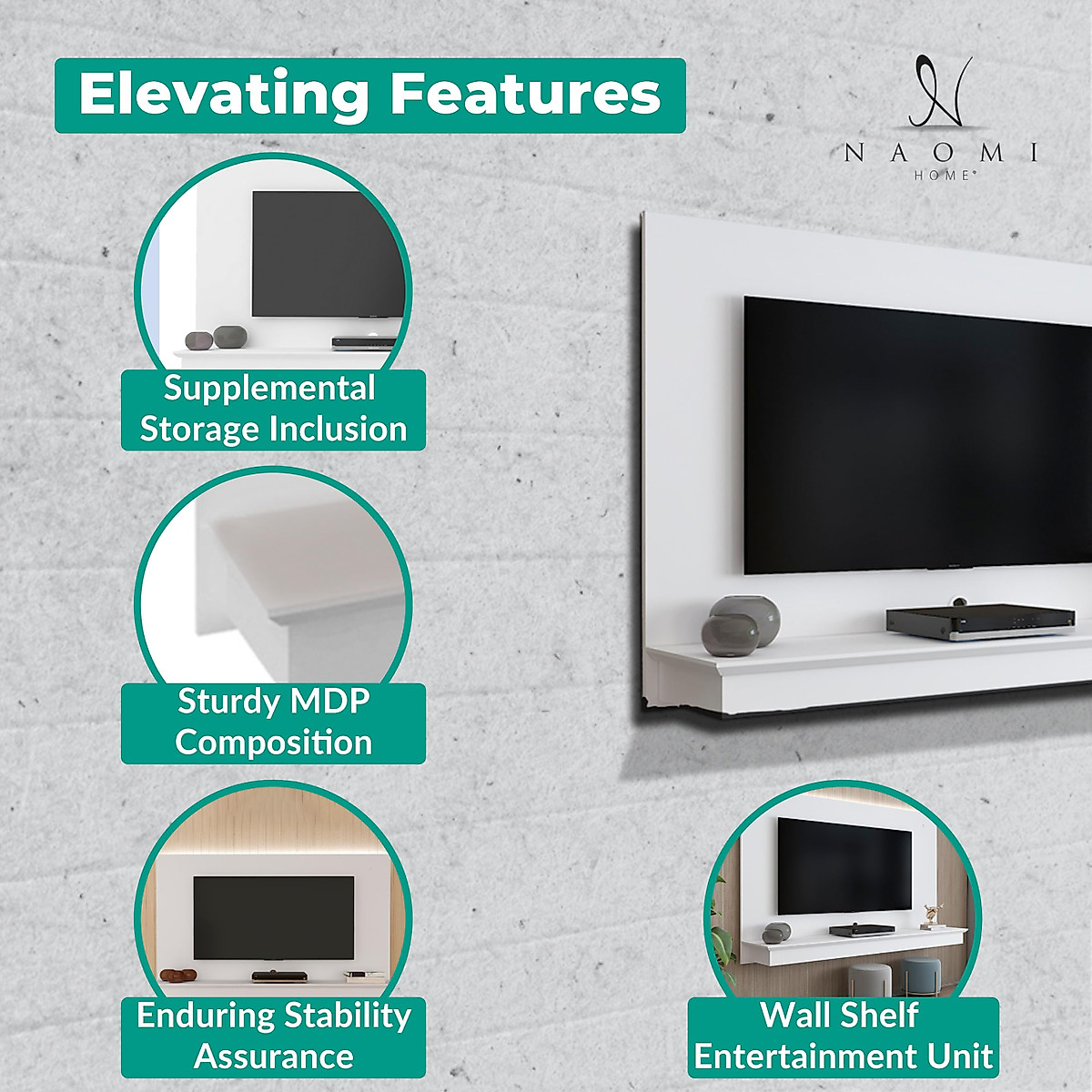 Naomi Home Deborah Floating Entertainment Center for up to 55 inch TVs, TV Wall Panel with LED Strip and Shelf, Floating TV Stand, White