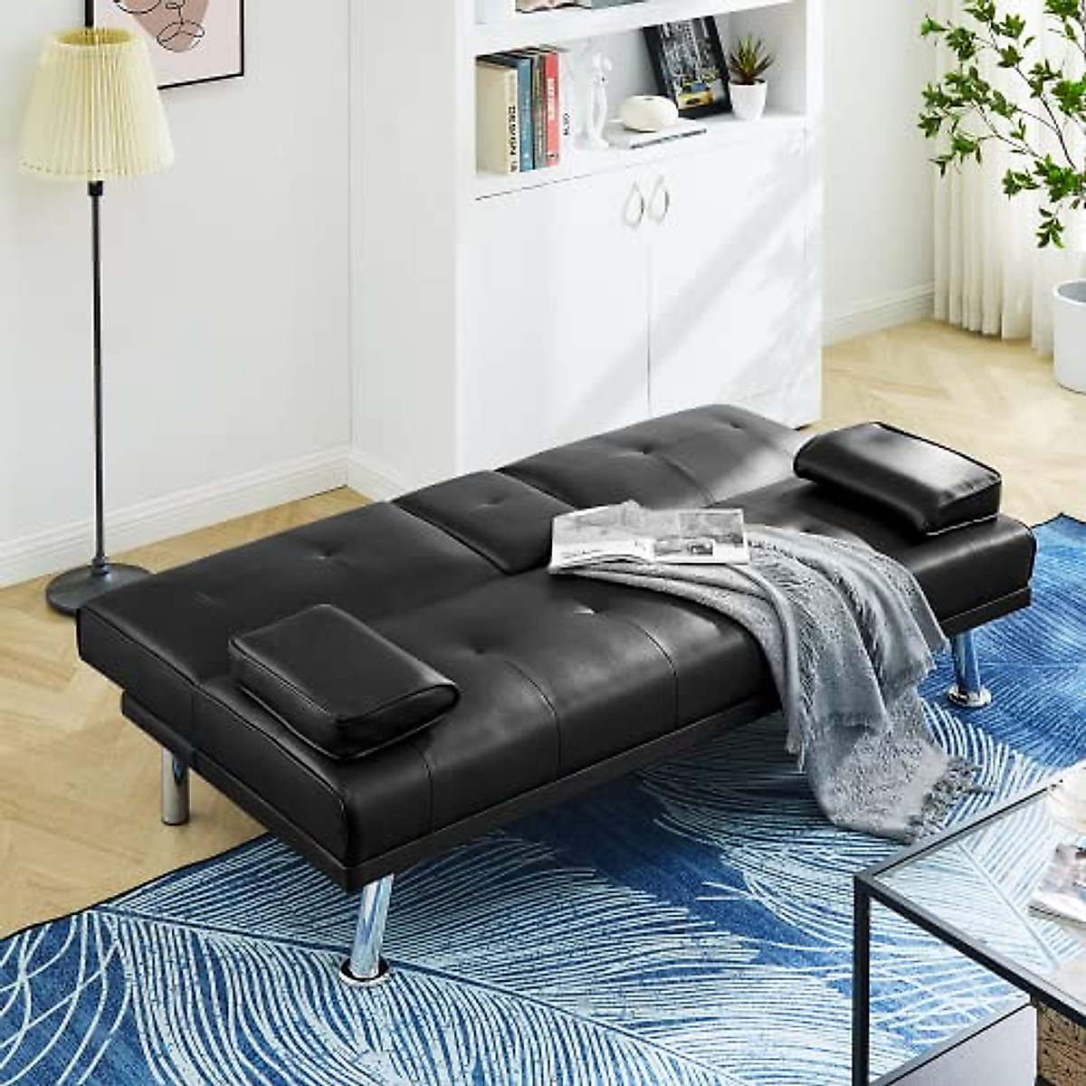 Lamerge Sofa Bed with 2 Cup Holders,PU Leather Convertible Upholstered Folding Sofa,67" L Multi-Functional Futon Sofa Couch for Small Space, Apartment,Dorm, Removable Armrest,Black