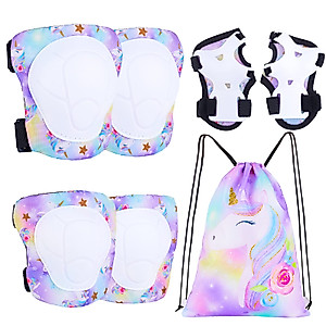 Bienbee Knee Pads for Kids, 7pcs Unicorn Kids Knee Pads and Elbow Pads Set Wrist Guards for Girls Boys Protective Gear Set with Bag for Roller Skating Inline Skates Skateboard Cycling Yellow Pink