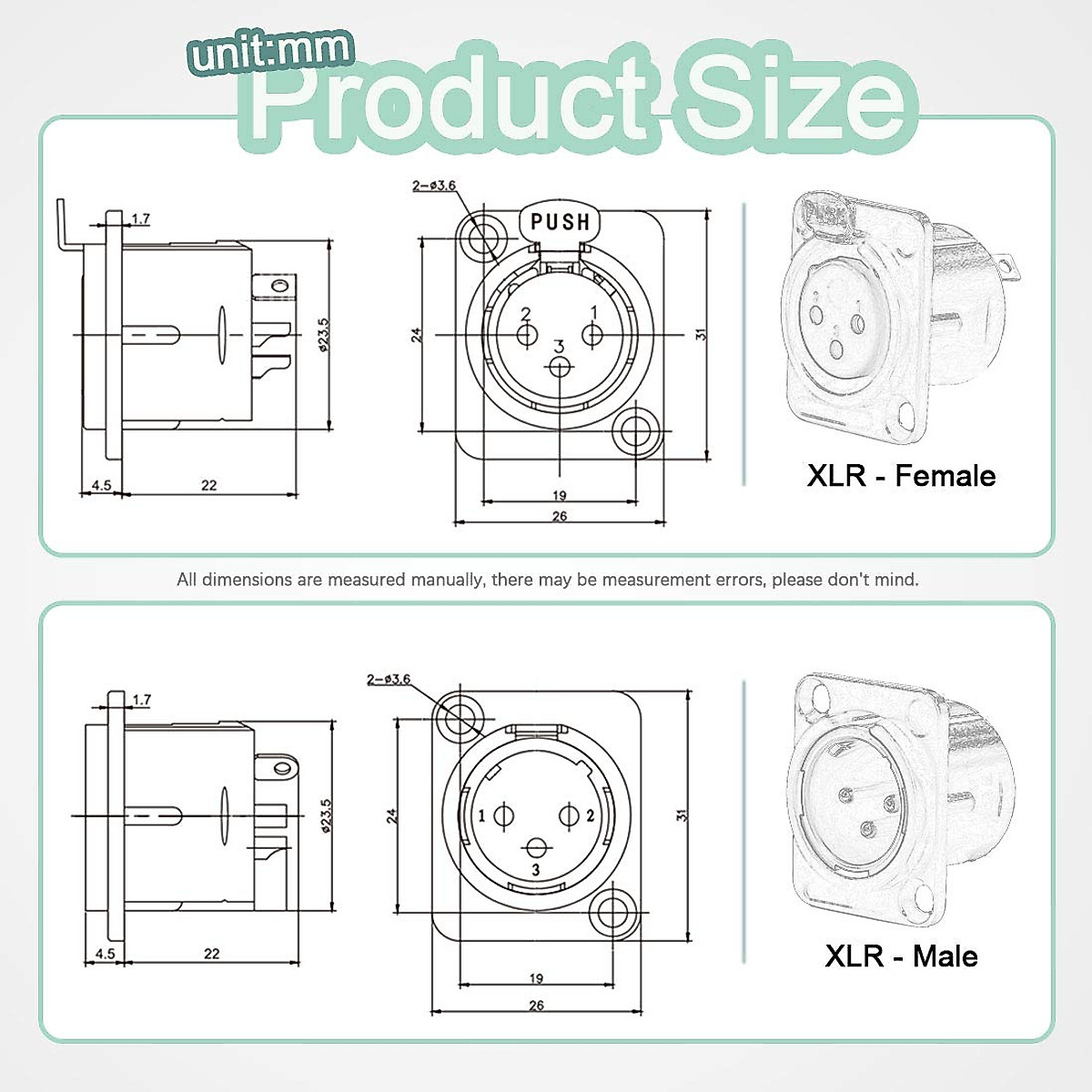 Keadic 8-Pack XLR Male and Female Jack 3 Pin - Chassis Panel Mount Jacks D Series Size, Black Metal Housing - Perfect for Series D Pattern Holes Audio Studio Connector