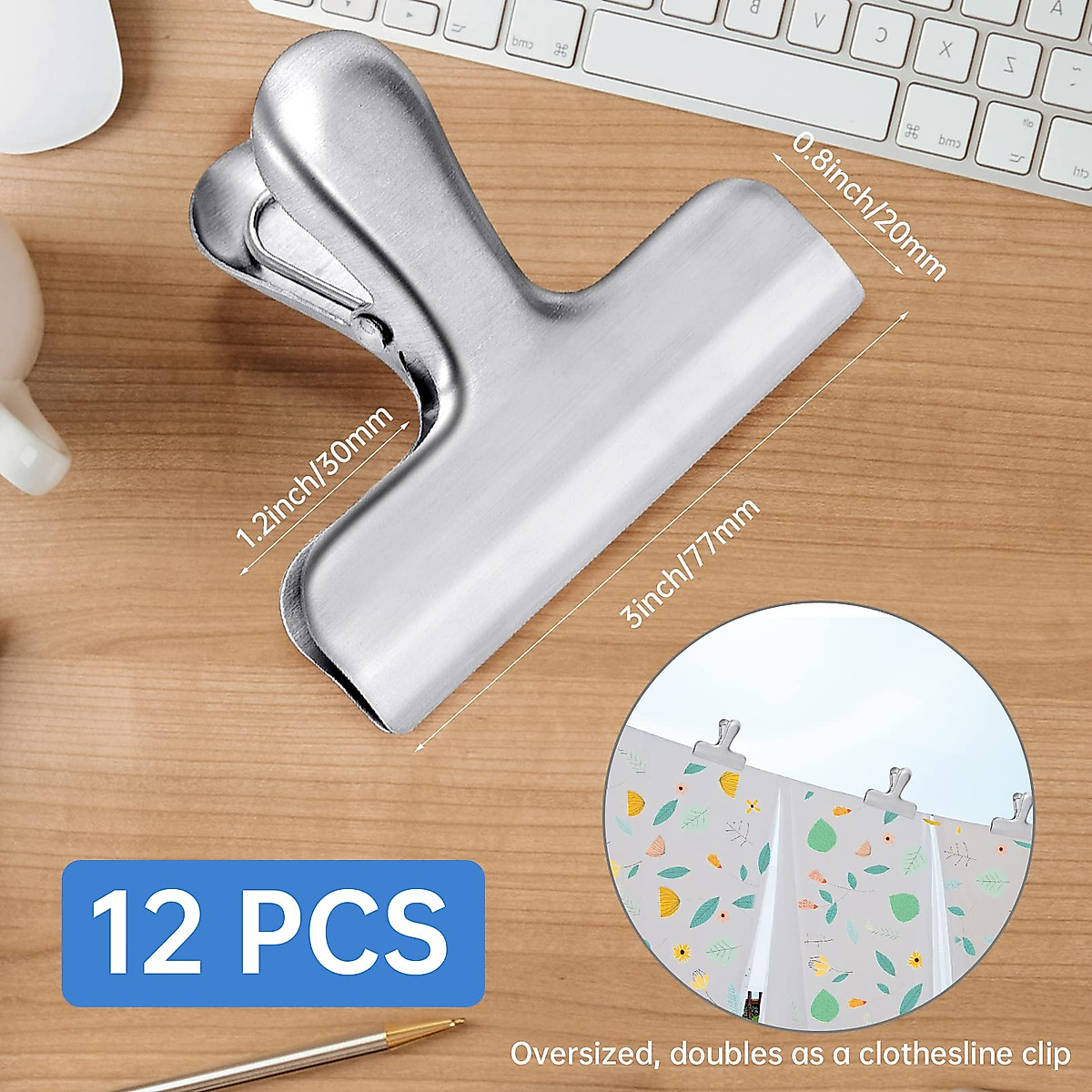 12 Pack Stainless Steel Chip Bag Clips,Chip Clips 3 Inch Wide,Metal Food Bag Clips Heavy Duty,Round Edge Air Tight Seal Grips on Coffee Food Bread Bags,Food Clips for Office Kitchen Home (Silver)