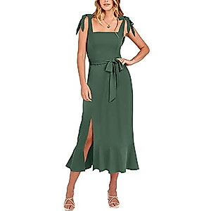ANRABESS Women's Elegant Bridesmaid Dresses Square Neck Ruffle Split Midi Formal Dress for Wedding Guest Cocktail Party 2023 Gradution Prom Evening Night Dresses 893shenlv-L Green