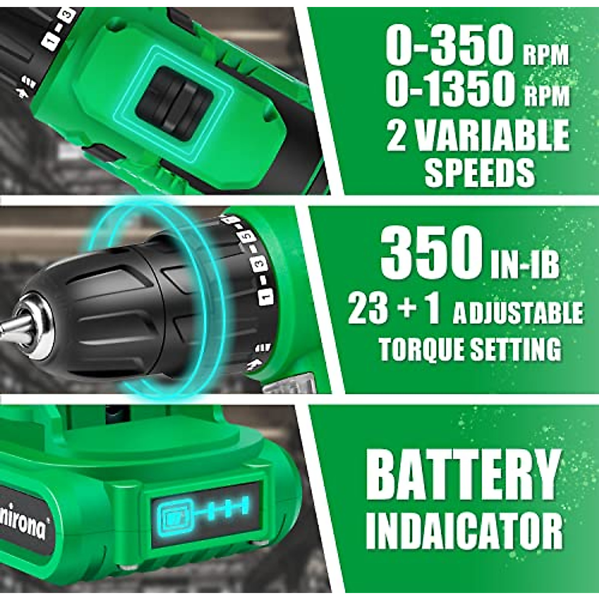 Anirona 20V Cordless Drill Set, 350 In-lb Power Drill Kit with Battery and Charger, 3/8″Keyless Chuck, 2 Variable Speed, 23+1 Position, 30pcs Bits Accessories with Storage Case