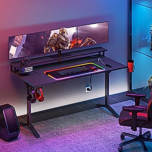 SEVEN WARRIOR Gaming Desk 60INCH with RGB Mouse Pad & Power Outlet, Carbon Fiber Surface Gamer Desk with Monitor Stand, Ergonomic Y Shaped Gamer Table with Cup Holder, Headphone Hook, Outlet Organizer