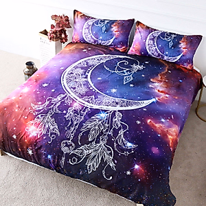 BlessLiving Star Galaxy Bedding Crescent Moon Duvet Cover Purple Pink Bedding 3 Pieces Feather Design Quilt Cover Space Comforter Cover Set (Full)