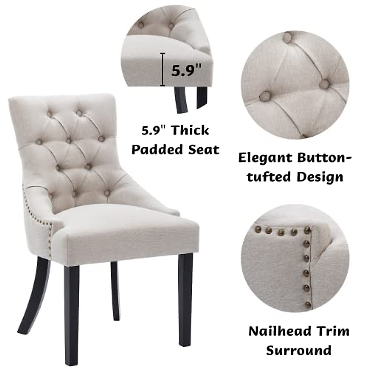 CIMOO Linen Dining Chairs Set of 2 Mid Century Modern Tufted Accent with Solid Wooden Legs Nailhead Trim Room Leisure Padded side for Room/Kitchen/Living Room, Beige, Linen-beige-2pcs