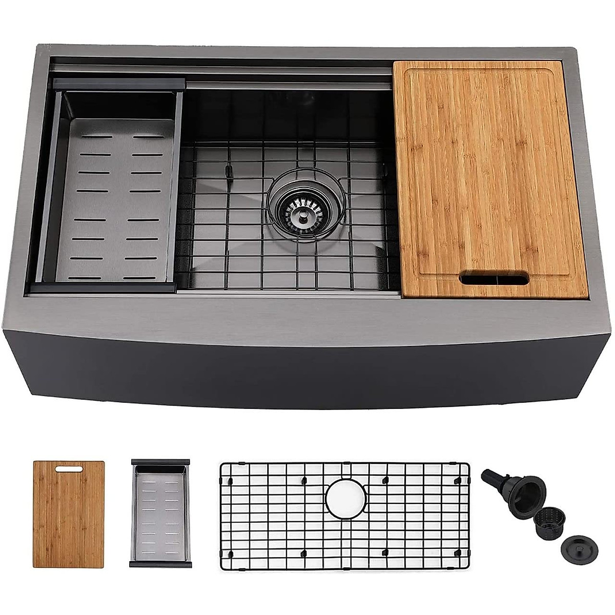 KINGO HOME 33 inch Black Farmhouse Sink, 16 Gauge Ledge Stainless Steel Rustic Farmhouse Sink Apron Front Undermount Farm Kitchen Sink with Accessories Farmers Sink Rustic Farmhouse Kitchen Sink