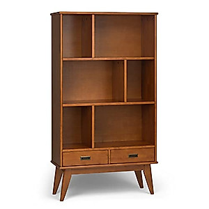 SIMPLIHOME Draper SOLID HARDWOOD 64 inch x 35 inch Mid Century Modern Wide Bookcase and Storage Unit in Teak Brown with 2 Drawers and 3 Shelves, for the Living Room, Study and Office