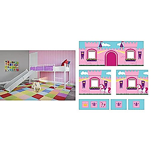 DHP Junior Twin Metal Loft Bed with Slide, Multifunctional Design, White with White Slide AND DHP Curtain Set for Junior Loft Bed with Princess Castle Design