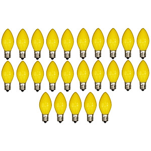 Box of 25 Light Bulbs - Opaque Yellow, Steady Burning, 7 Watt, C7 -E12 Candelabra Base -Great for Night Lights, Decorative Lights and Christmas Strings