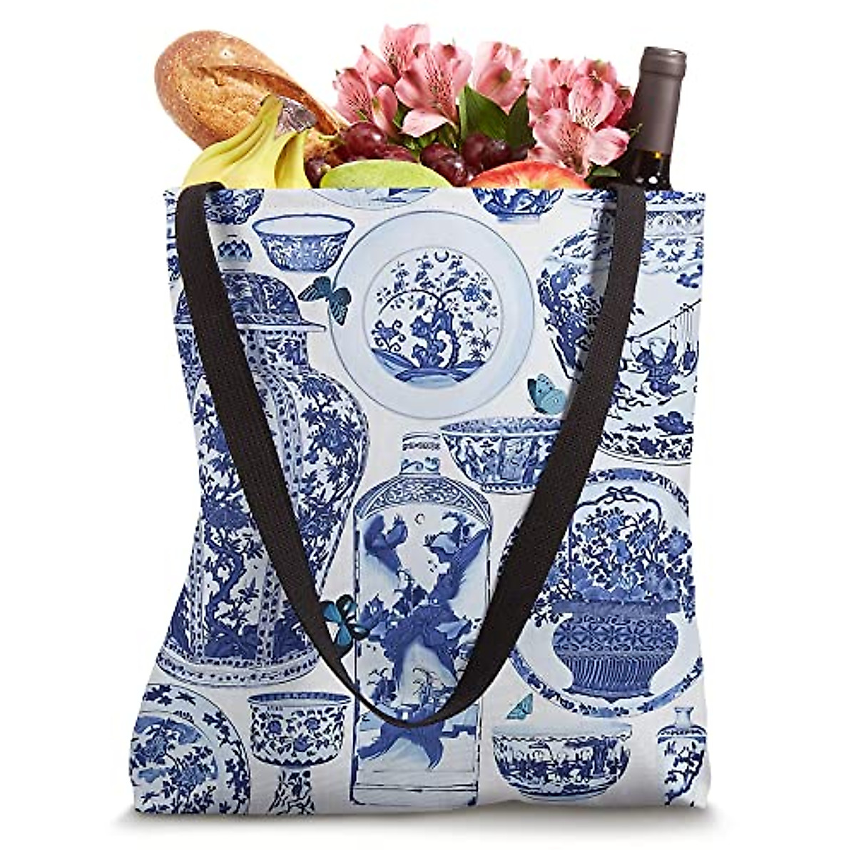 Chinoiserie Vase and Plate Toile Blue and White Tote Bag