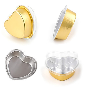 SOUJOY 100 Pieces Heart Shaped Baking Cups, 3.4 oz Aluminum Foil Cake Pan with Lids, Disposable Pudding Muffin Cupcake Ramekin for Valentine Mother's Day Wedding Christmas Birthday