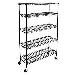 AmazonCommercial Heavy-Duty 5-Tier Steel Wire Shelving with Optional Wheels, NSF Certified, 48" W x 18" D, Black