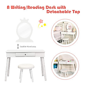 Costzon Kids Vanity Set, Wooden Princess Makeup Table with Cushioned Stool, Large Drawer, Solid Wooden Legs and Crown Mirror, Pretend Beauty Make Up Dressing Play Set for Girls Best Gift (White)