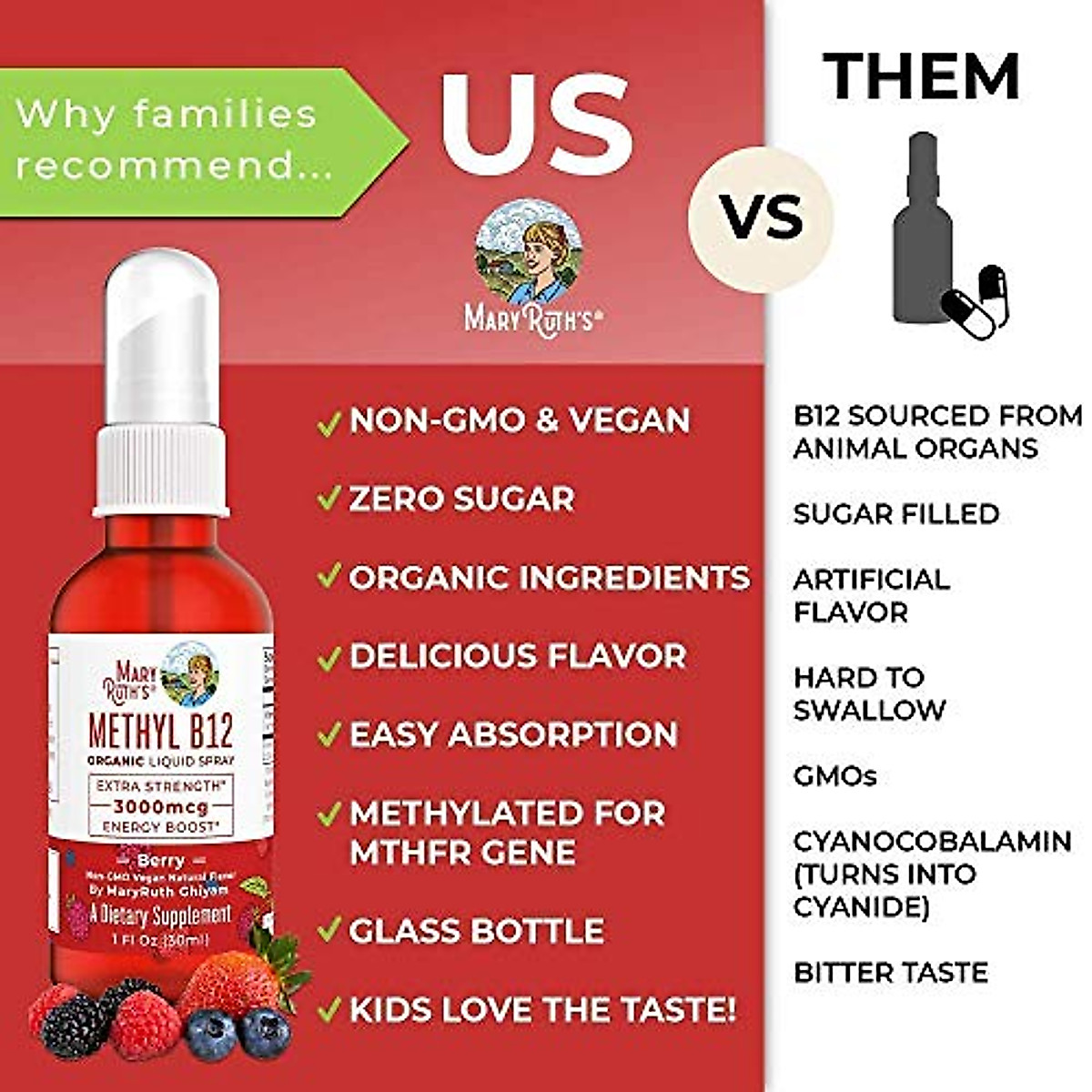 Vitamin B 12 Spray & Liquid Multivitamin Raspberry Bundle by MaryRuth’s | Nerve Function & Energy Boost | Vitamin A, B, C, D3, E & Amino Acids | Vitamins for Immune Support, Digestion, Focus & Energy.