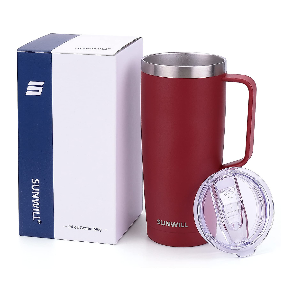 SUNWILL Insulated Coffee Tumbler with Lid, Travel Coffee Mug with Handle 24oz, Double Wall Stainless Steel Tumbler, Thermal Reusable Cup Outdoor, Powder Coated Wine