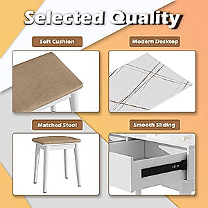 Furmax Vanity Desk Makeup Vanity Table with Lighted Mirror Vanity Set with Modern Desktop, Soft Cushioned Stool, 4 Storage Drawers, 3 Colors Mirror Brightness Adjustable (White)