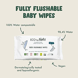 Eco by Naty Flushable Baby Wipes - Compostable and Plant-Based Wipes, Chemical-Free and Hypoallergenic Baby Wipes Safe for Baby Sensitive Skin, 56 Wipes Per Pack (3 Pk)