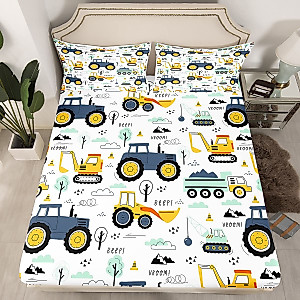Excavator Tractor Bed Sheets King,Construction Vehicles Sheet Set for Kids Girls Teens Bedroom,Cartoon Car Toddler Bed Sheet with 2 Pillowcases,Equipment Trucks Sheets Boys Truck Room Decor