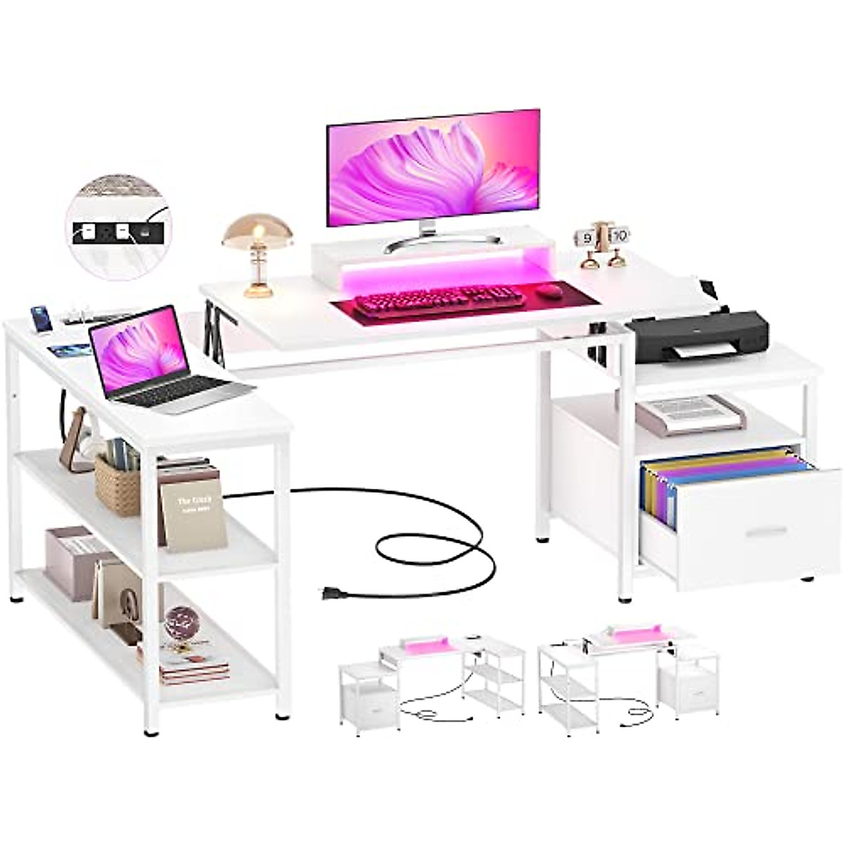 Aheaplus L Shaped Desk with Power Outlet, Standing Home Office Desk with Lift Top and File Drawer, 63'' Corner Computer Desk with Monitor Stand&Printer Shelves, Gaming Desk with Led Lights, White