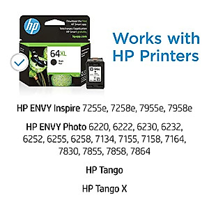 HP 64XL Black High-yield Ink Cartridge | Works with HP ENVY Inspire 7950e; ENVY Photo 6200, 7100, 7800; Tango Series | Eligible for Instant Ink | N9J92AN