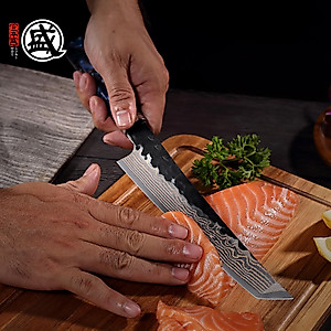 MITSUMOTO SAKARI 8 inch Japanese Kiritsuke Chef Knife, Hand Forged VG-10 Damascus Kitchen Knife, Professional Meat Sushi Chef’s Knife (Blue Resin Handle & Sandalwood Box)
