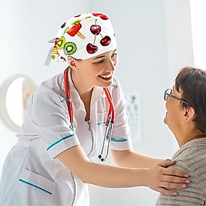 Nurse Scrub Caps,Scrub Hats with Buttons and Cotton Sweatband,Summer Ice Cream and Fruits