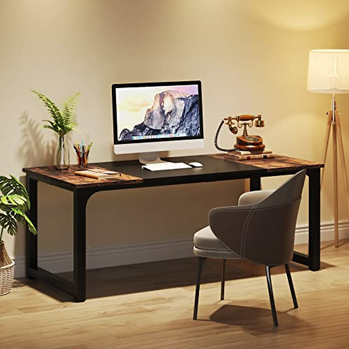 LITTLE TREE 63 Inch Large Executive Computer Office Desk, Brown+Black