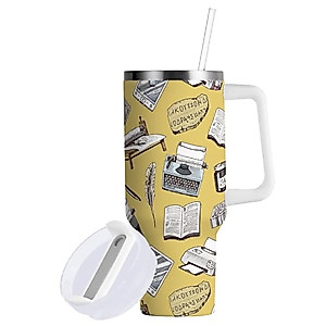 Emelivor Books Yellow 30 oz Tumbler with Lid and Straw Insulated Tumblers with Handle Leak Proof Coffee Tumbler Mug Large Water Bottles for Hot and Iced Cold Drinks