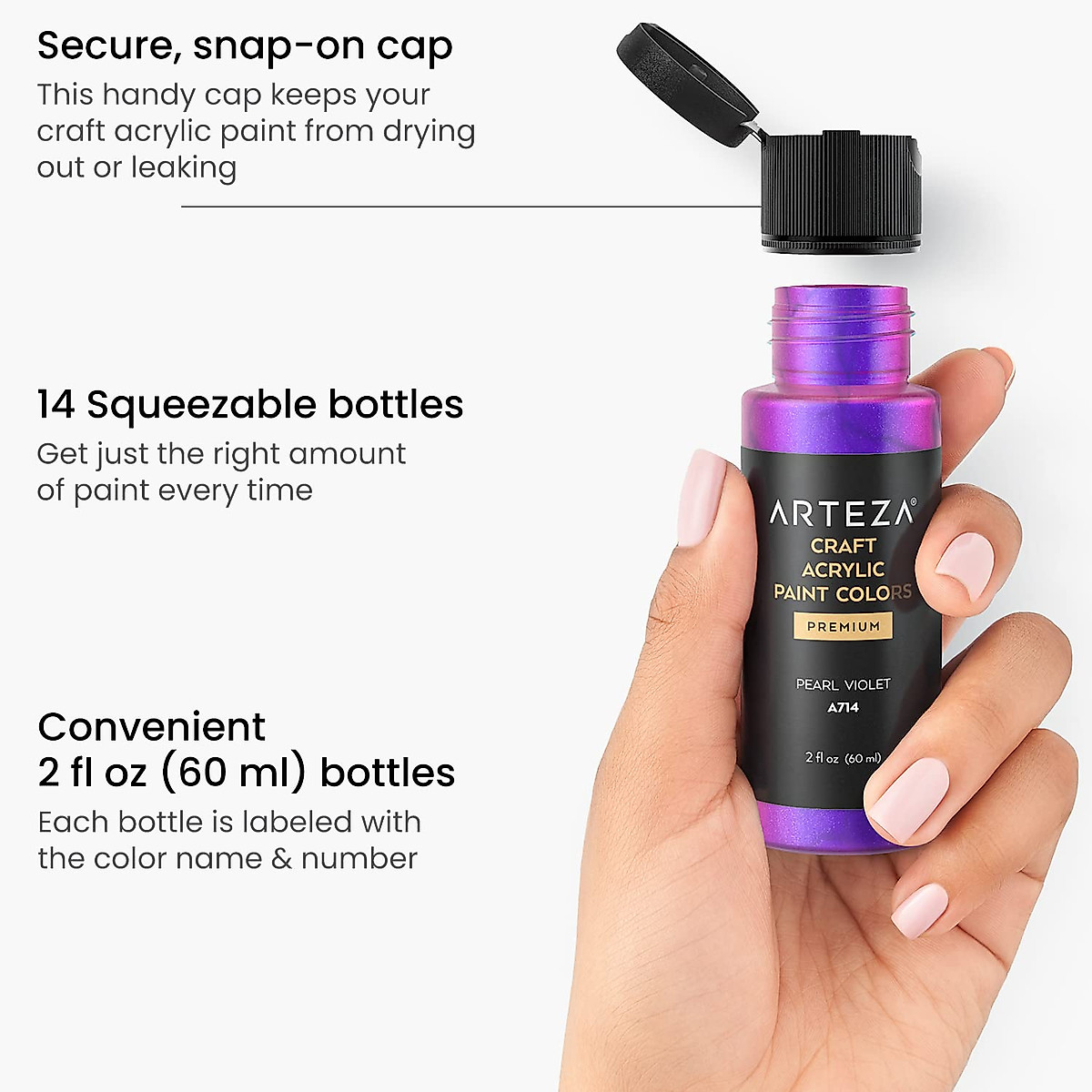 Arteza Pearlescent Acrylic Paint Set of 14, 2 fl oz Bottles, Quick-Drying Pearl Craft Paint, Art Supplies for Paper, Canvas, Wood, Glass Paper