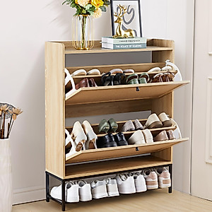 LEVNARY Shoe Storage Cabinet with 2 Flip Drawers, Wooden Narrow Shoe Cabinet Storage for Entryway, Freestanding Shoe Rack Organizer Cabinet with Metal Legs for Hallway (1, Natural Oak)