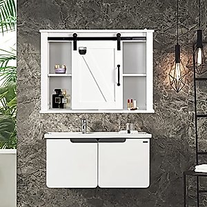 SSLine Vintage White Bathroom Wall Cabinet Wooden Medicine Cabinet Wall-Mounted Kitchen Storage Cabinets Space Saving Organizer with Sliding Barn Door and Shelves