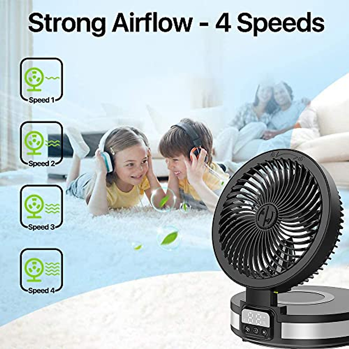 Jassco Air Circulator Fan, Desktop Fan, Portable Oscillating Table Fan for Whole Room, Wall-Mounted Fan, 4 Speeds, Personal Cooling Fan with LED Night Light for Home, Dorm, Workout