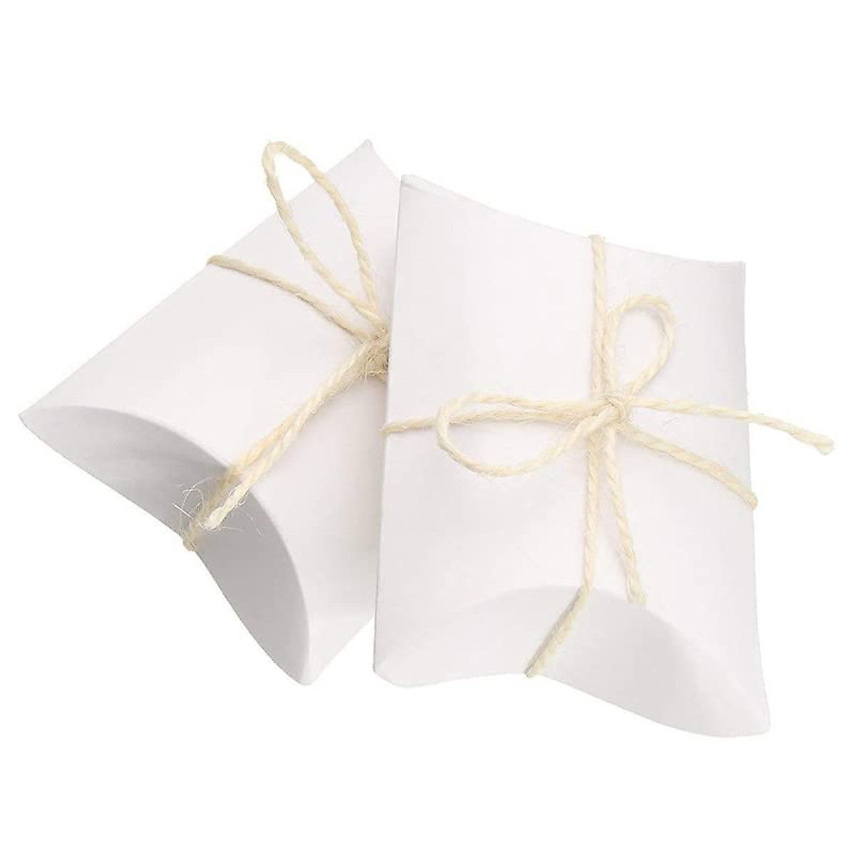 AKOAK Kraft Paper Pillow Box, Candy Favor Gift Boxes for Wedding Birthday and Christmas,Pack of 50 with 50 Pcs Jute Twines (White)