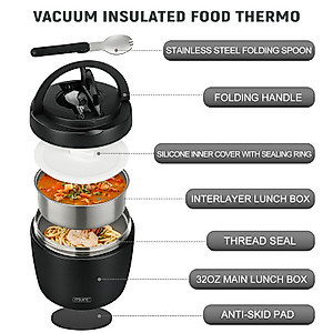 Soup Thermo for Hot Food Adults 32OZ Lunch Containers Wide Mouth Hot Food Jar Vacuum Insulated Stainless Steel Bento Box Leakproof with Spoon (Black)