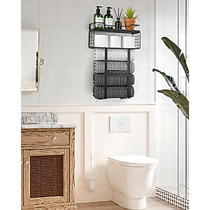 Towel Racks for Bathroom Wall Mounted - Bath Wall Towel Storage Holder Set Above Toilet, Rolled Towel Shelf Organizer for Small Bathroom Black, Wood Vertical Towel Rack for Bathroom Wall Decor