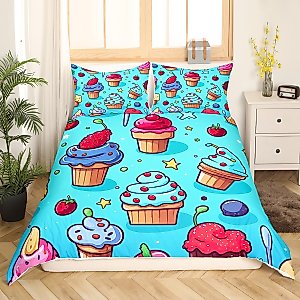Feelyou Kids Cake Duvet Cover Strawberry Fruit Cake Bedding Set for Boys Girls Food Modern Art Comforter Cover Twin Size Bedspread Cover