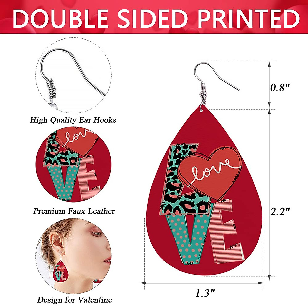 Fzbali Valentine's Day Gnome Heart Red Pink Faux Leather Drop Black Striped Buffalo Plaid Dangle Earrings Zebra Leopard Teardrop Cheetah Polka Dots Jewelry for Women Set of 12