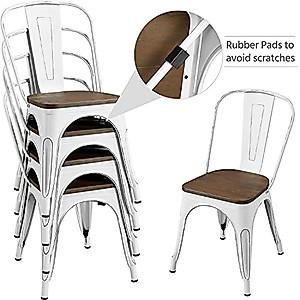 Yaheetech Set of 4 Metal Dining Chairs with Wood Seat Metal Side Chairs Kitchen Chairs with Back Bistro Café Trattoria Kitchen, Distressed White