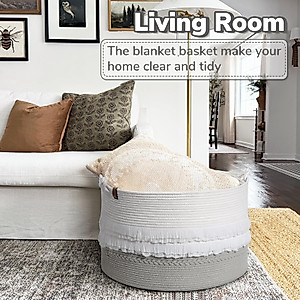 CherryNow Extra Large Rope Basket for Toys, Grey Blanket Basket for Living Room, Entryway, Nursery Laundry Basket for Clothes, 22 x 14 inches, 83L