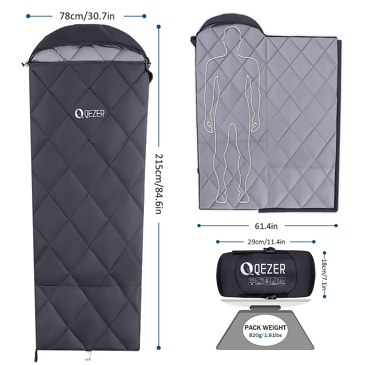 QEZER Down Sleeping Bag for Adults, Teens, 40-60℉ 600 Fill Power Duck Down Ultralight Sleeping Bag Backpacking Sleeping Bag with Compression Sack