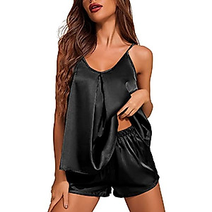 Ekouaer Silk Pajamas Sets Women Satin 2 Piece Silk Pjs Cami Top Sleepwear Black