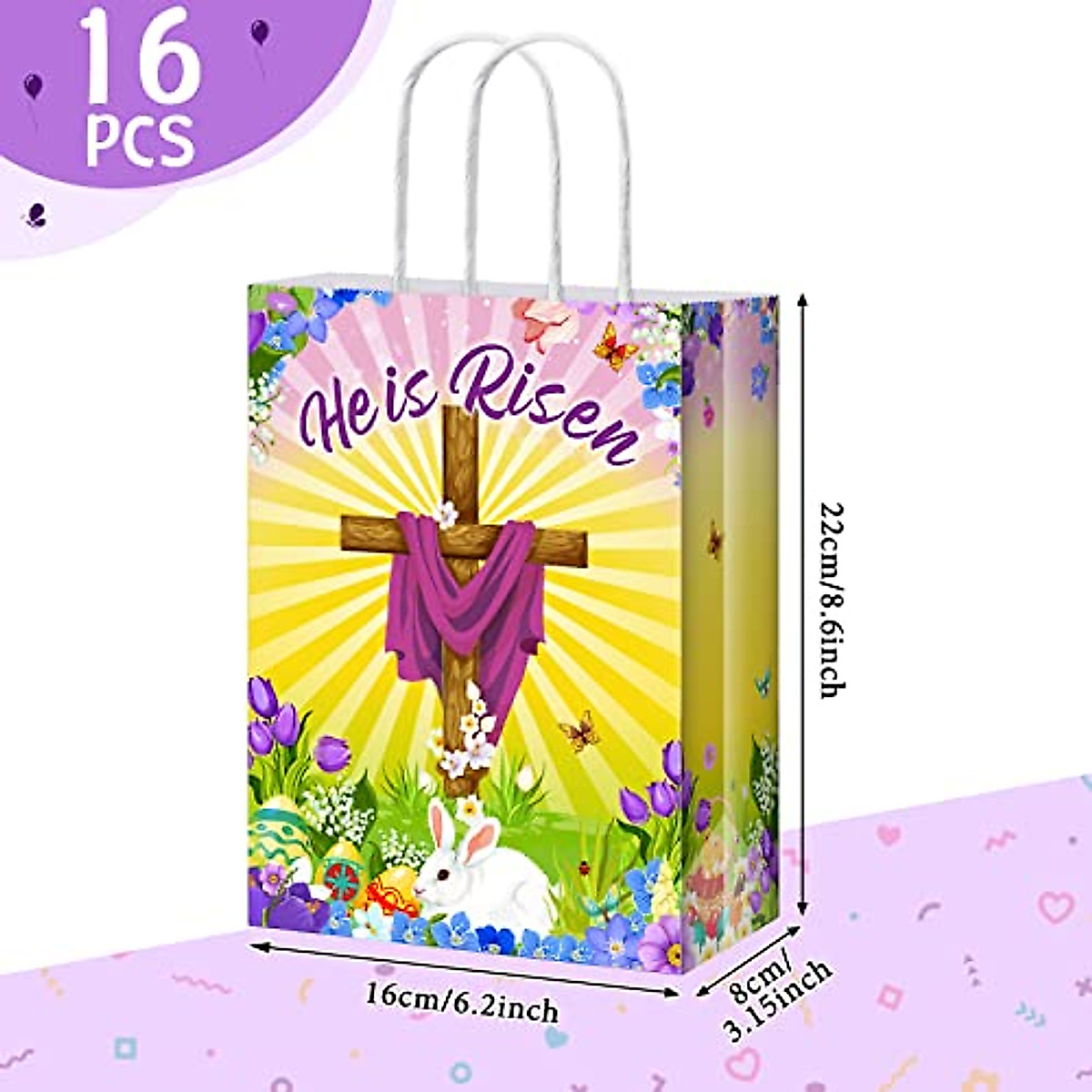16 Pieces Easter Treat Bags Inspiring He Is Risen Sign Paper Gift Bags Cookie Egg Candy Goody Easter Bags with Double Handles for Easter Theme Bible School Party Favor