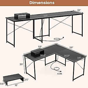 Tangkula L-Shaped Computer Desk with Power Outlets, 95” Long 2-Person Desk with Monitor Shelf, Modern Corner Desk Gaming Table with USB Ports for Home Office