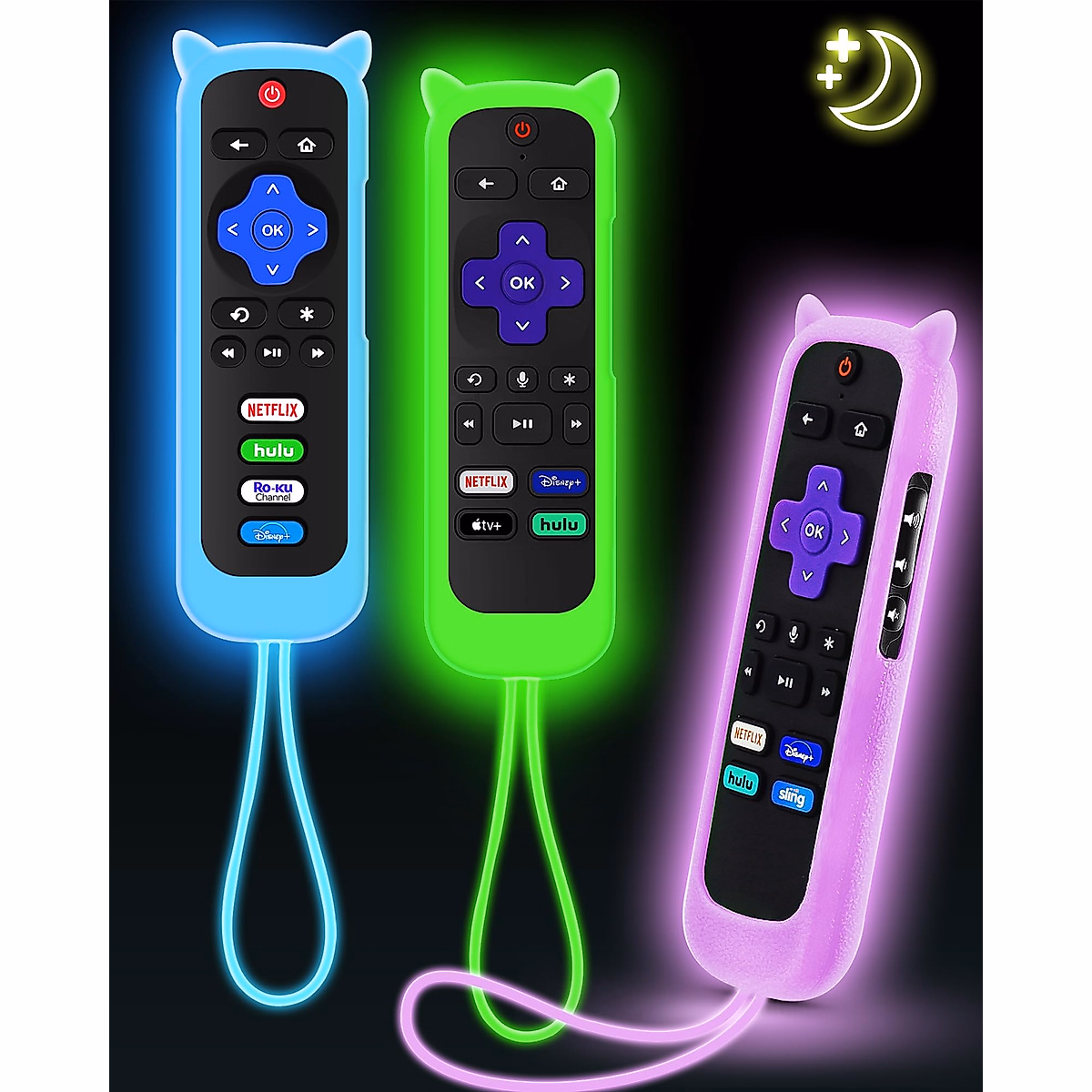 3Pcs Cover for Roku Remote with Cat Ears Design, Silicone Skin Case Compatible with Hisense/TCL Roku TV, Steaming Stick/Express, Universal Replacement Controller. Glow in The Dark Green/Blue/Purple