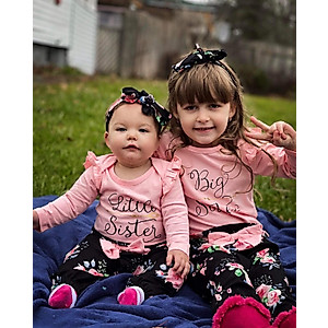 AMAWMW Sister Matching Outfits Pink Ruffle Long Sleeve Shirt Flowers Pants with Headband 3Pcs Clothes Set(0-3 Months, Little Sister, Pink-2)