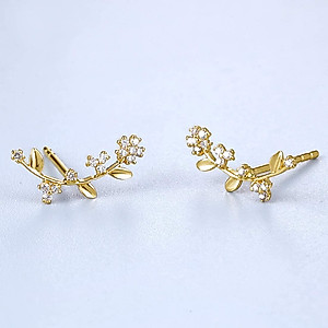 FANCIME Mothers Day Gifts 14K Solid Yellow Gold 0.08cttw Diamond Small Tiny Minimalist Flower Post Earrings Fine Jewelry for Women